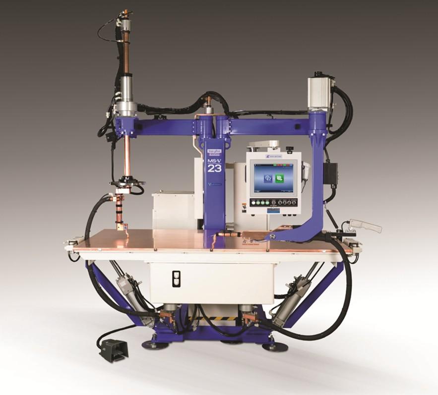 Resistance spot welding machine accesses deep boxes, narrow channels